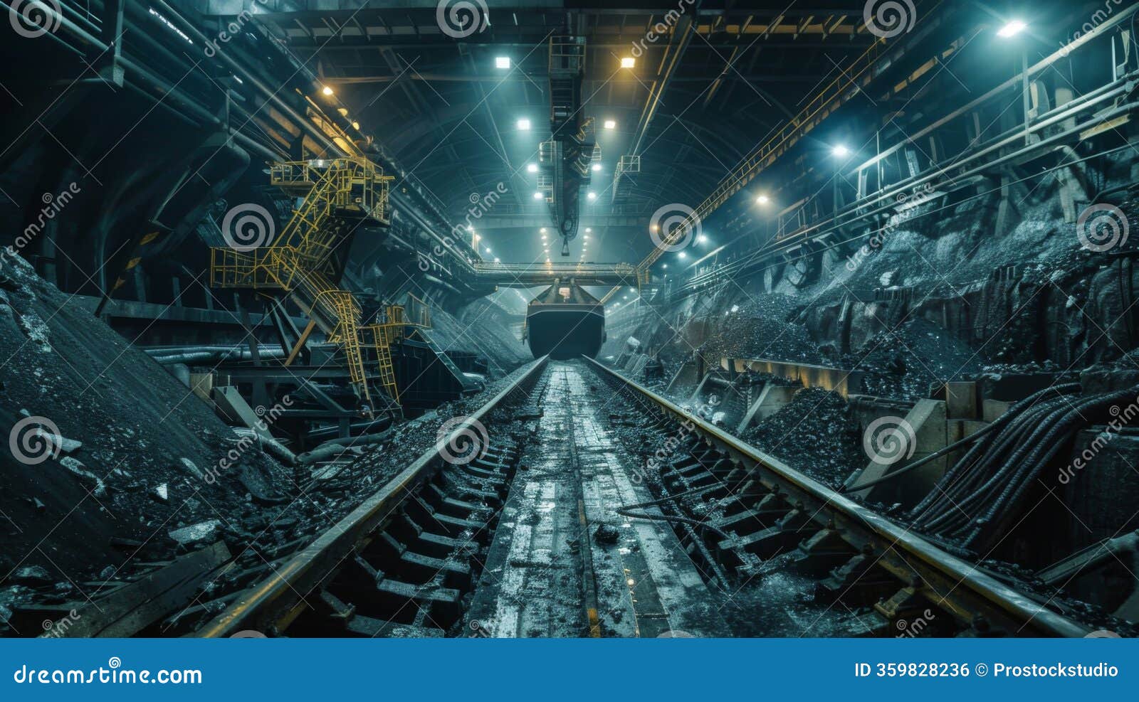 Coal Mine Interior with Tracks and Machinery Illuminated by Overhead ...