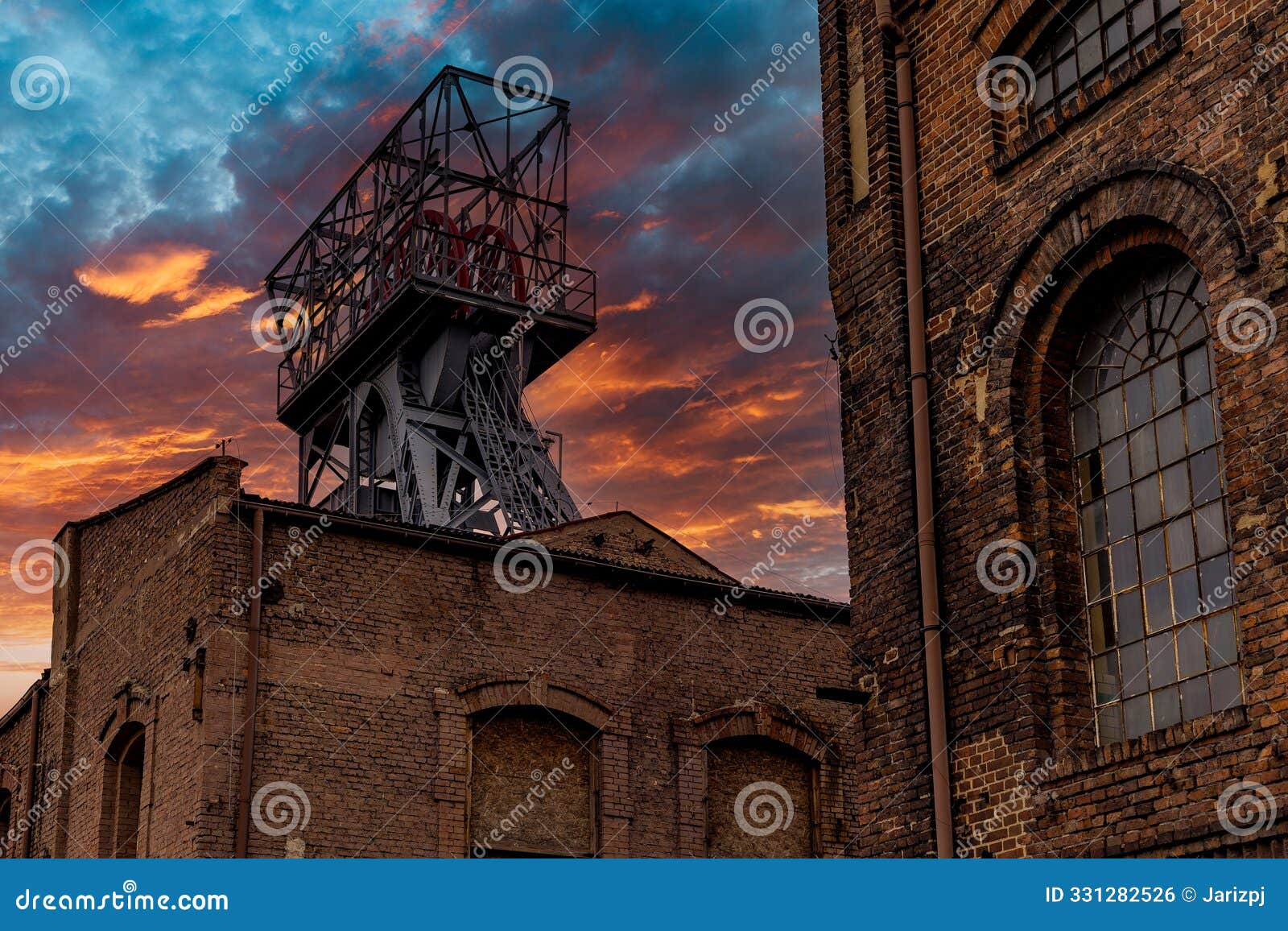 Coal Mine Shaft in Katowice. Old Red Brick Mine Buildings. Stock Photo ...