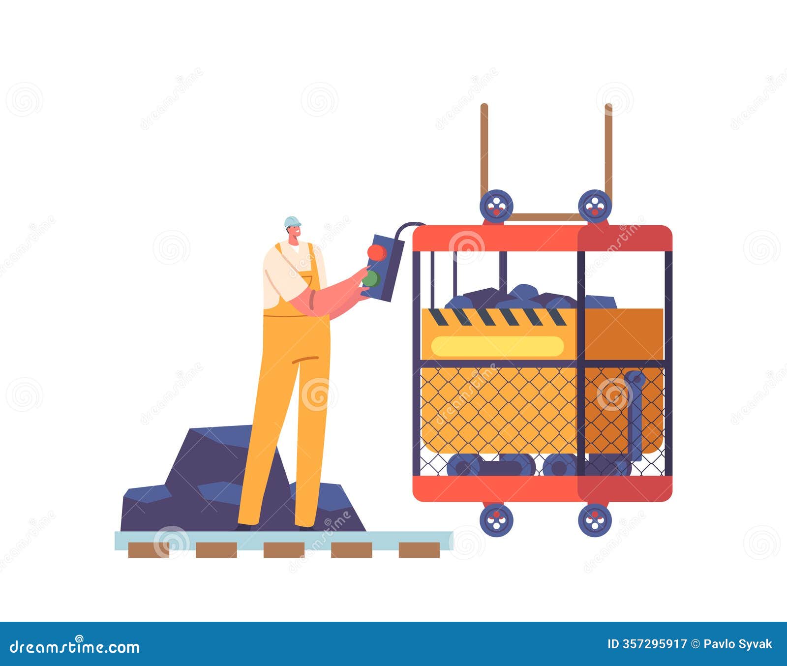 Miner Character With Trolley, Worker Pushing Wheeled Cart Filled With ... Miner Character With Trolley, Worker Pushing Wheeled Cart Filled With ...