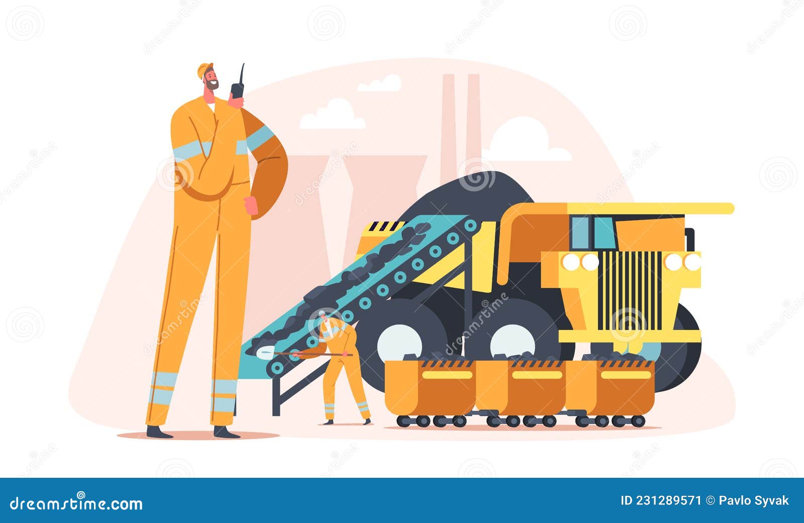 Miner Character Loading Coal With Shovel Into Truck. Quarry Transport ...