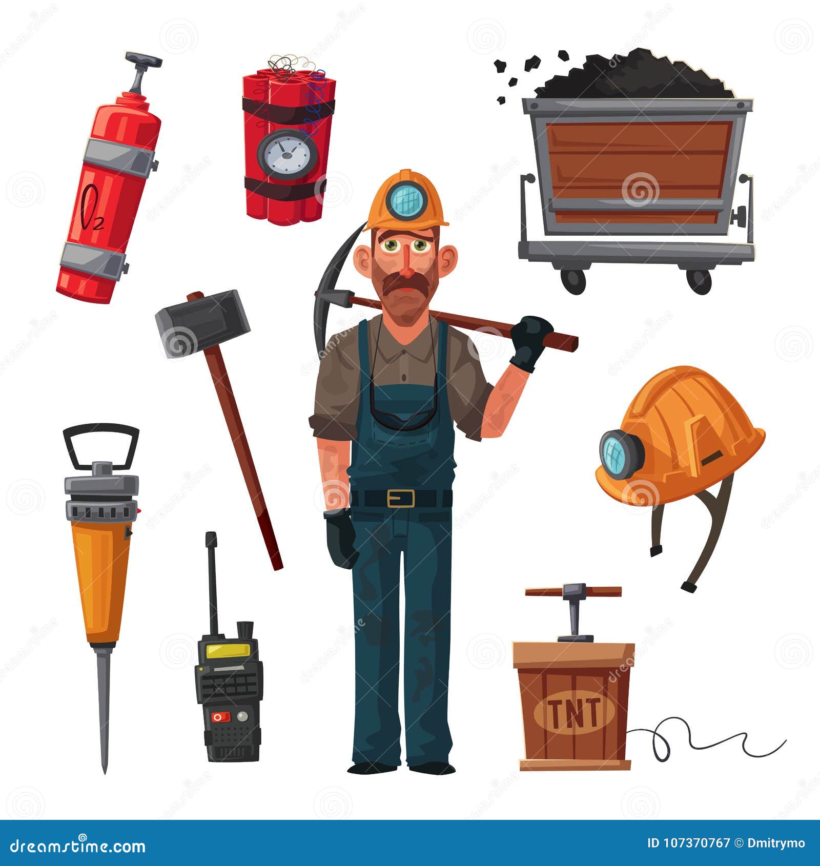 Coal Mining. Miner Character And Tools. Cartoon Vector Illustration ... Coal Mining. Miner Character And Tools. Cartoon Vector Illustration ...