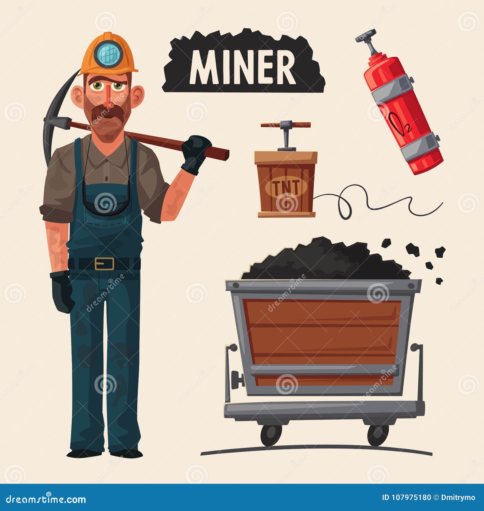 Coal Mining. Miner Character And Tools. Cartoon Vector Illustration ... Coal Mining. Miner Character And Tools. Cartoon Vector Illustration ...