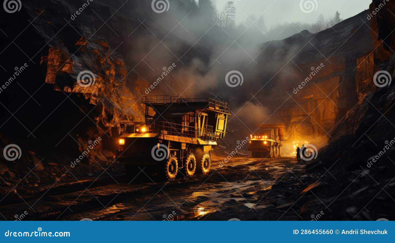 Coal Mining in an Open Pit Mine with Heavy Machinery at Night Stock ...