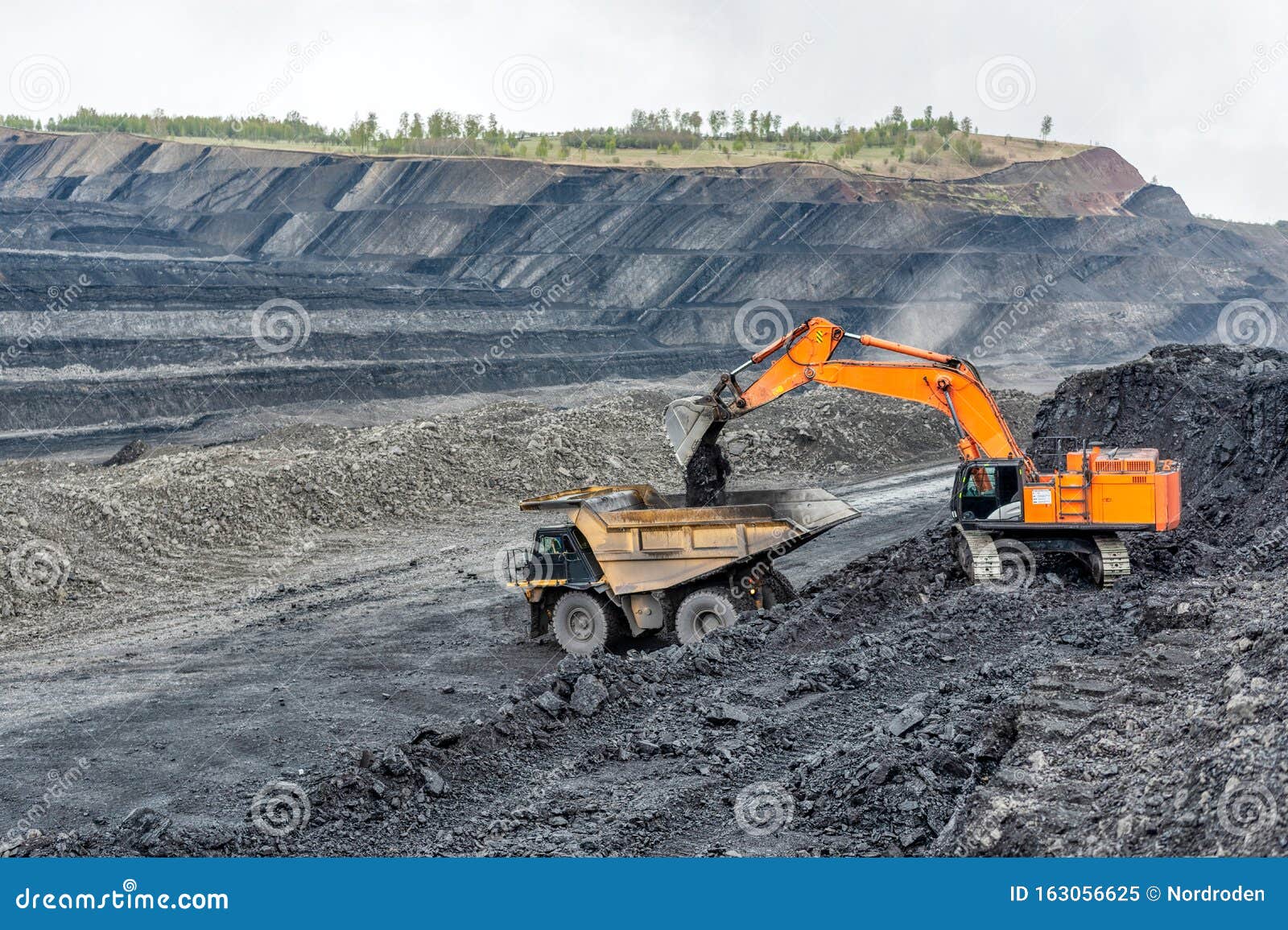 Coal Mining in a Quarry. a Hydraulic Excavator Loads a Dump Truck Stock ...