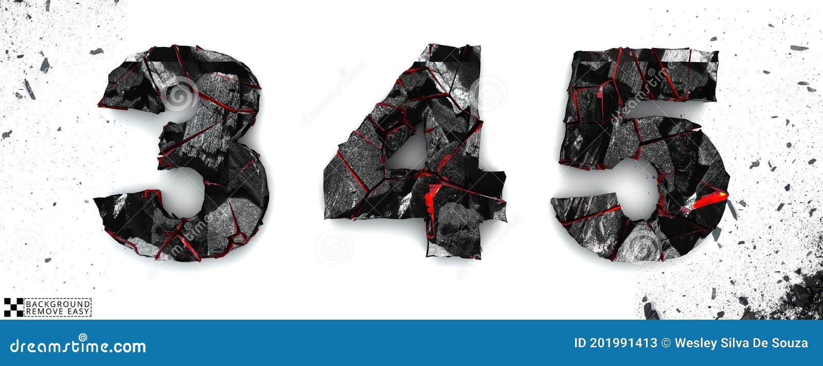 Coal Numbers 3, 4, 5,on White Background, 3d Rendering, Isolated. Ember ...