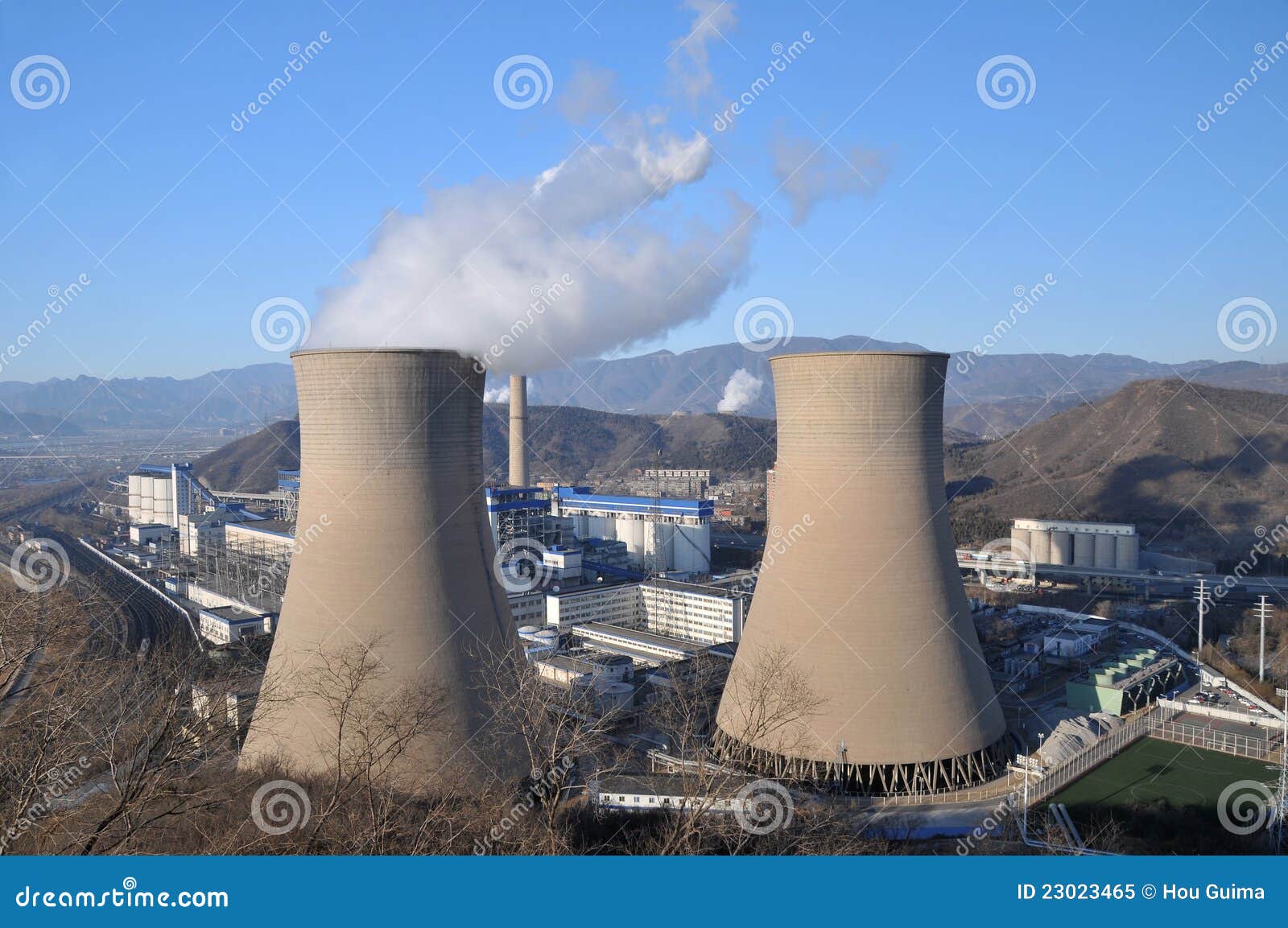 Coal Power Station In Beautiful Area Full Of Trees And Lake, Mirror ...
