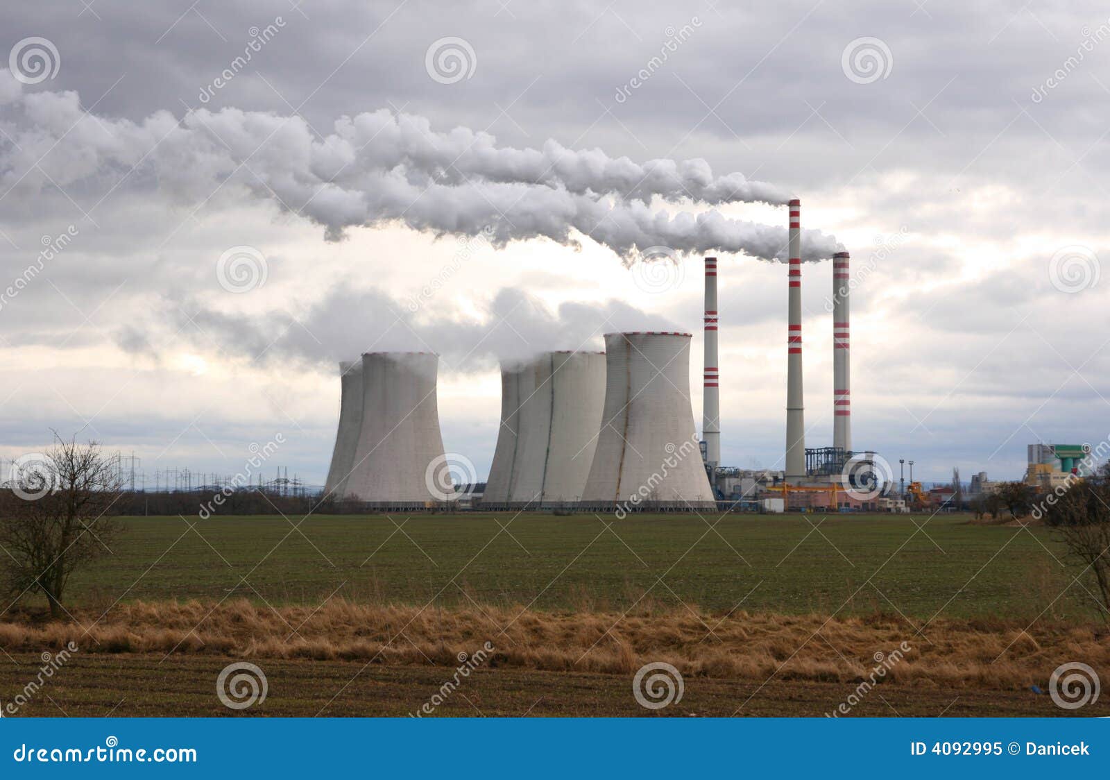 Coal Power Station In Beautiful Area Full Of Trees And Lake, Mirror ...
