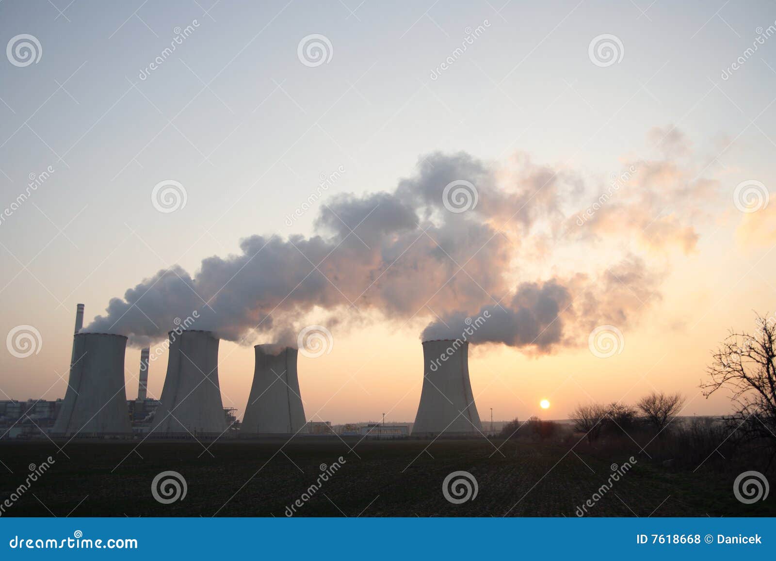 Coal Power Station In Beautiful Area Full Of Trees And Lake, Mirror ...