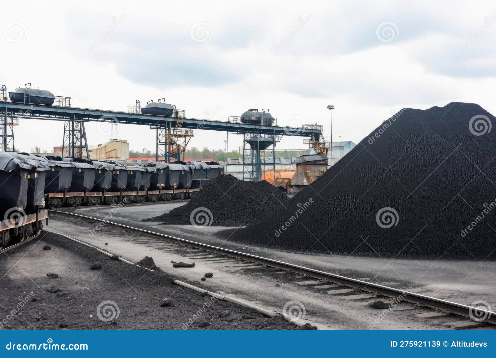 Coal Yard with Stacks of Coal and Mining Equipment in the Background ...