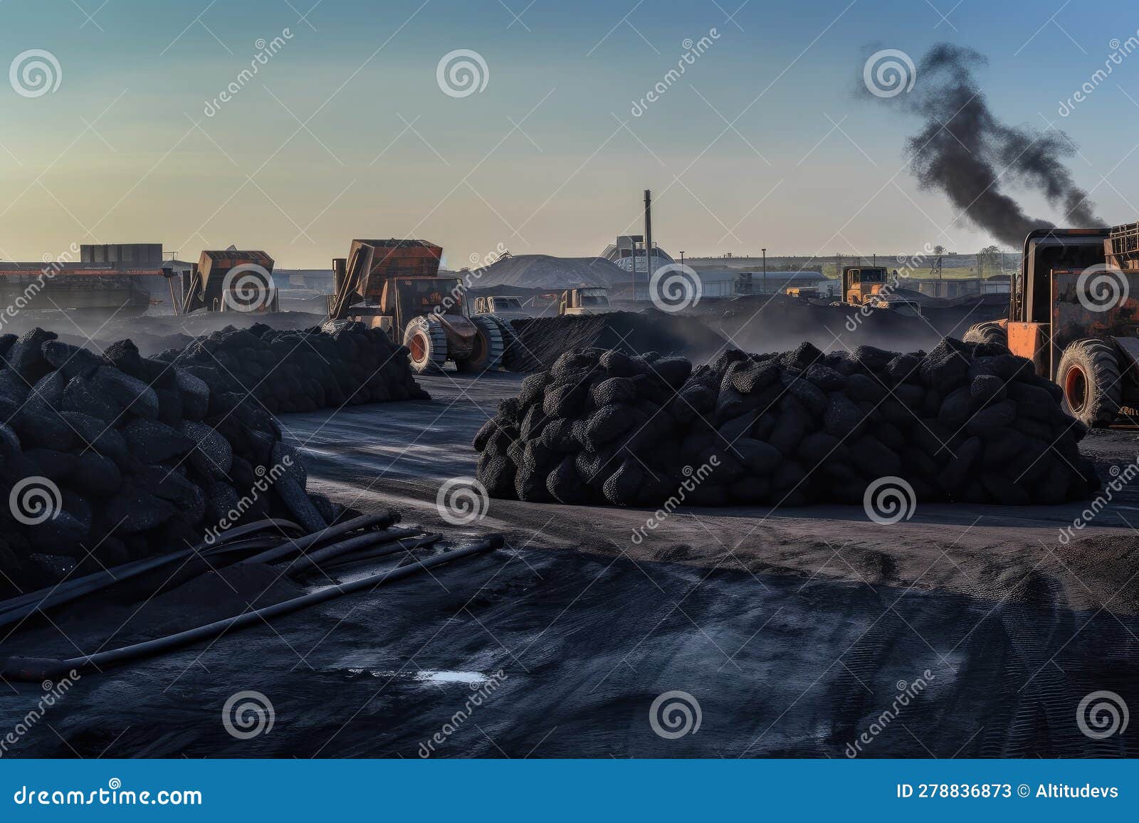 Coal Yard with Stacks of Coal and Mining Equipment in the Background ...