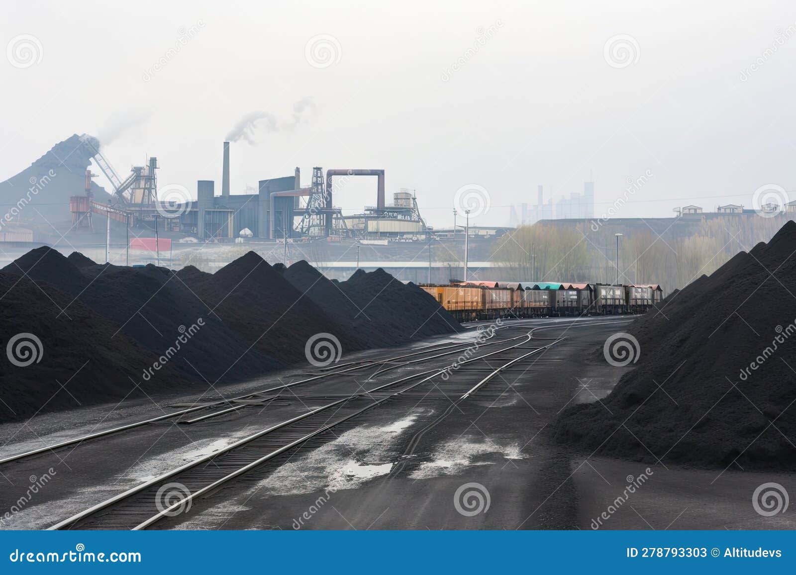 Coal Yard with Stacks of Coal and Mining Equipment in the Background ...