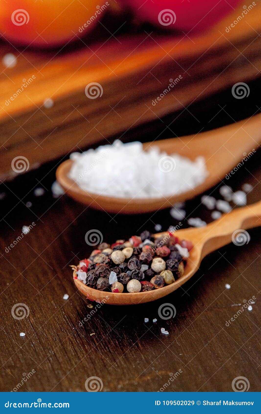 Coarse Salt and Pepper in a Wooden Spoon. Stock Image - Image of detail ...