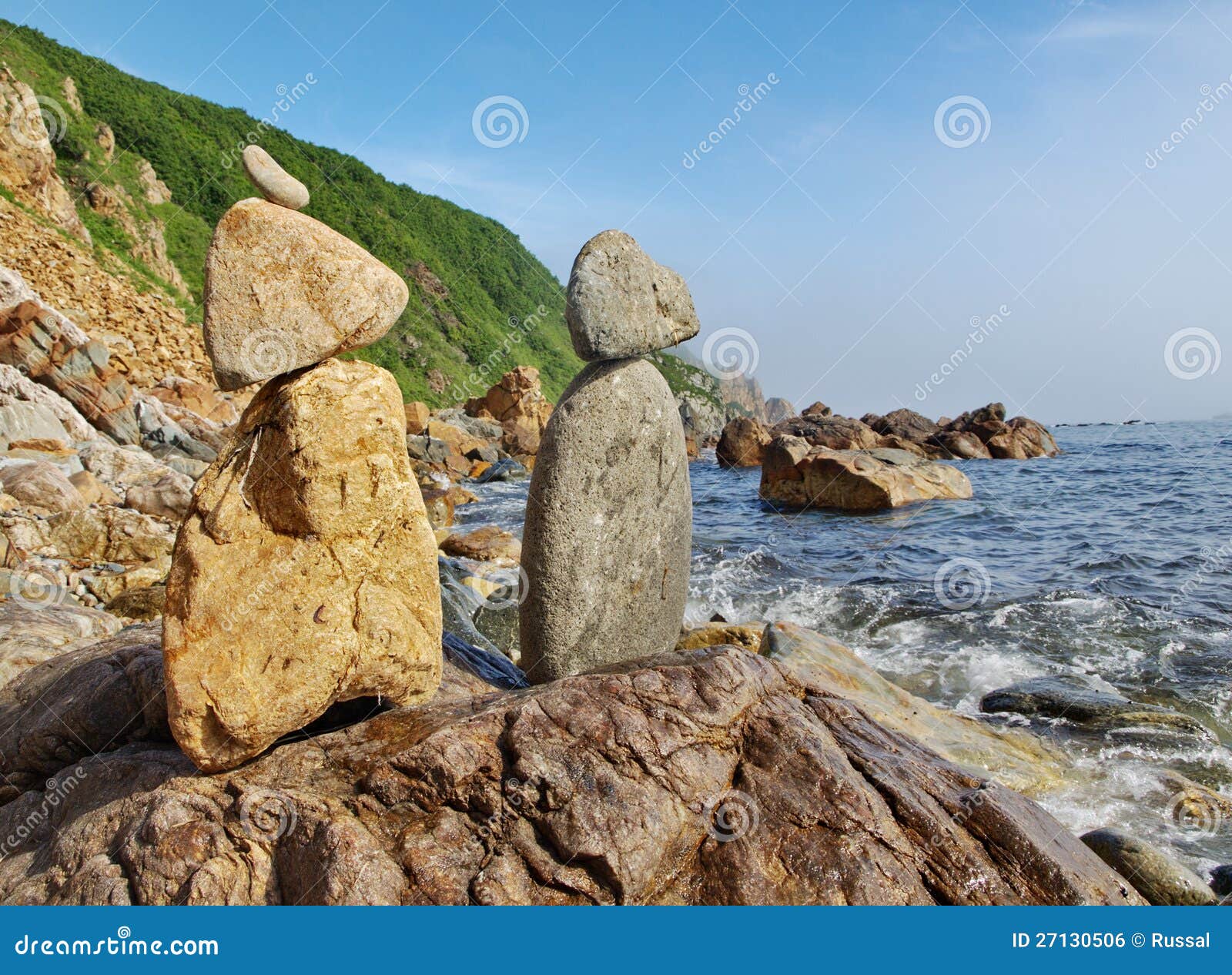 The Coast of the Japan Sea. Pyramids of Stones. Stock Photo - Image of ...