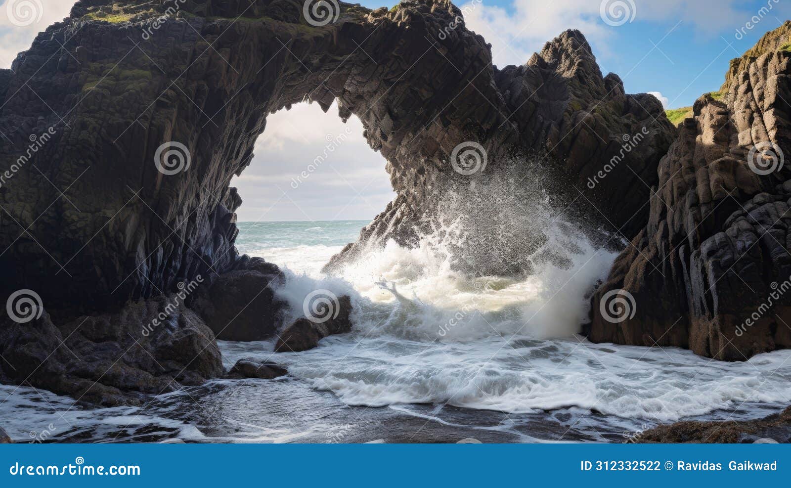 Coastal Arch with Turbulent Waves Splashing through Stock Illustration ...
