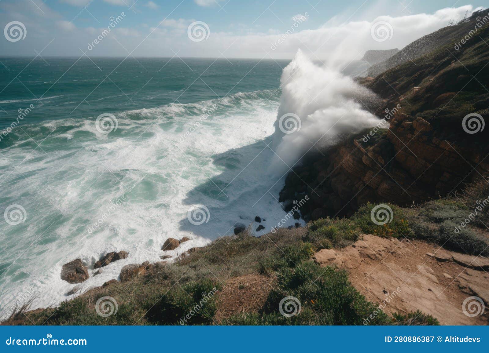 Coastal Cliff with Crashing Waves and Frothy Surf Below Stock ...