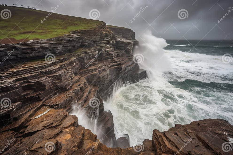 Coastal Cliff Face with Waves Crashing into the Rocks Below, Making for ...