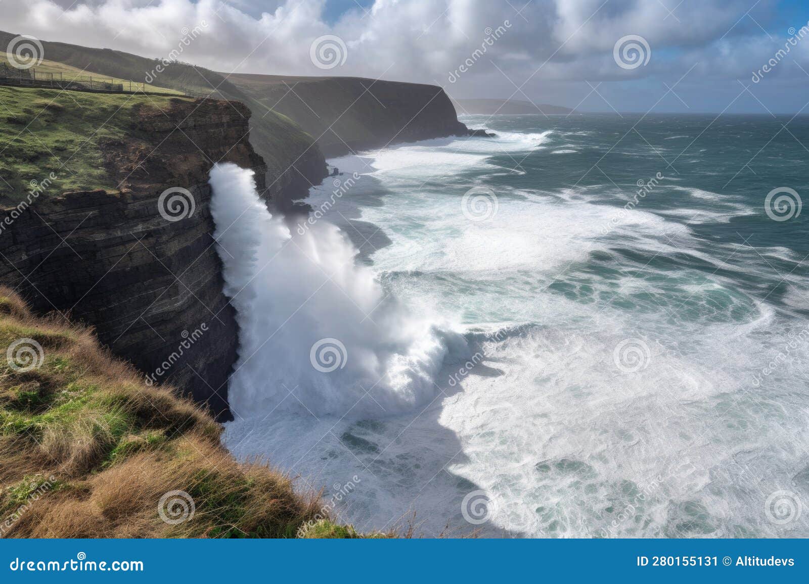 Coastal Cliff with View of Crashing Waves and Sea Spray Stock ...