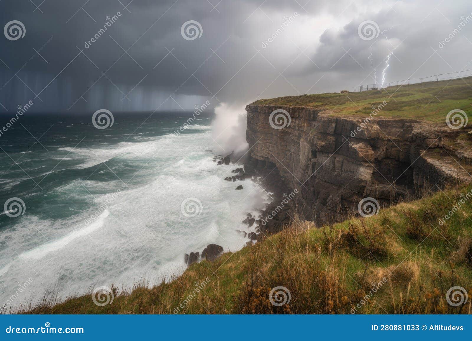 Coastal Cliff with View of Stormy Sea and Lightning Strikes Stock ...