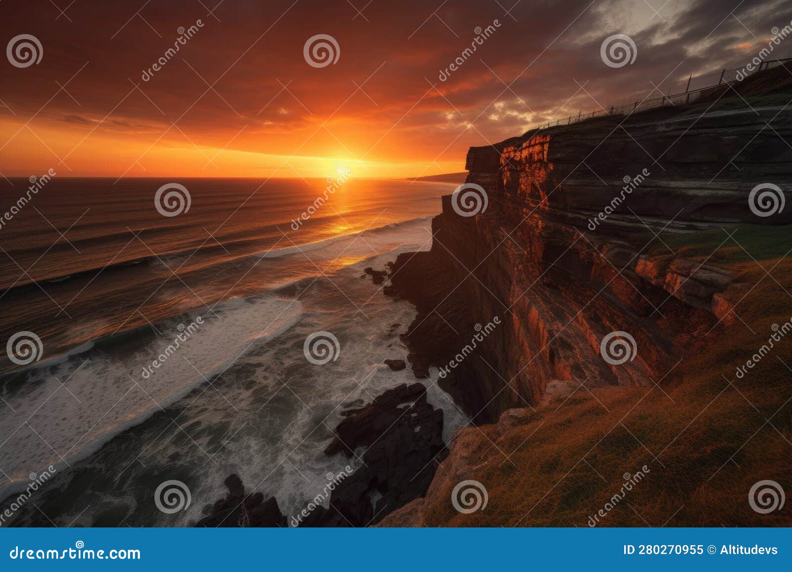 Coastal Cliff with View of the Sun Setting Over the Ocean, Creating a ...