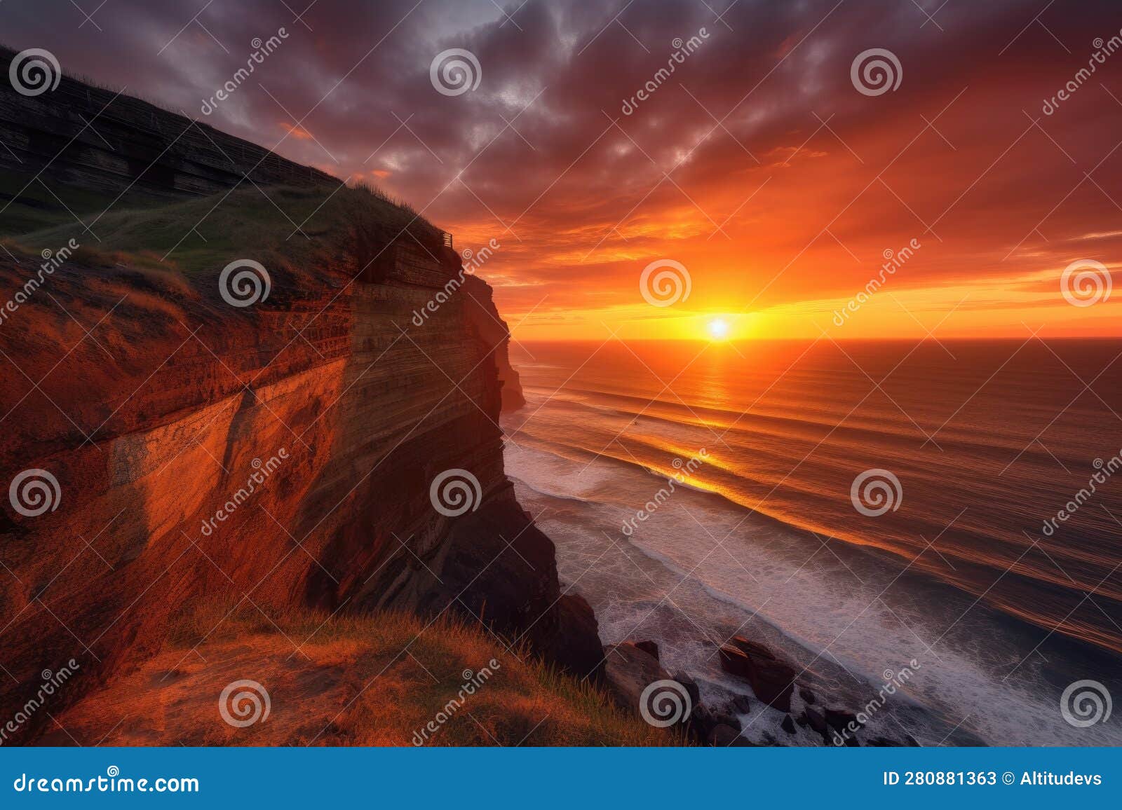 Coastal Cliff with View of the Sun Setting Over the Ocean, Creating a ...