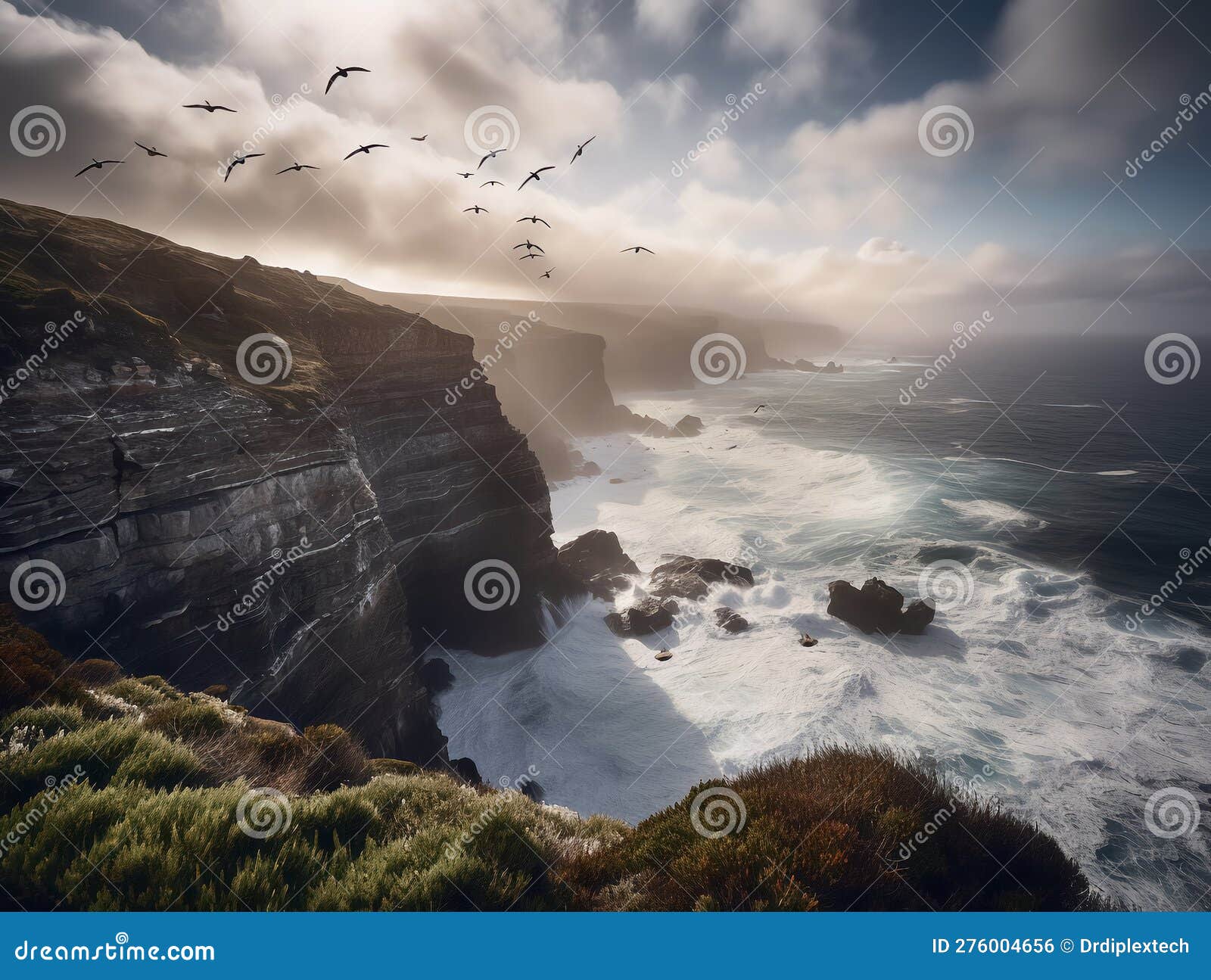 Coastal Cliffs and Birds in Flight Stock Illustration - Illustration of ...