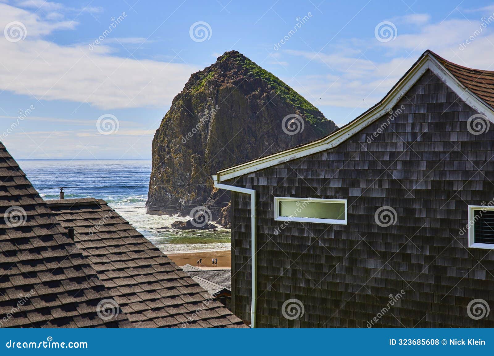 Coastal Cliffs and Rustic Homes at Cannon Beach, Aerial View Stock ...