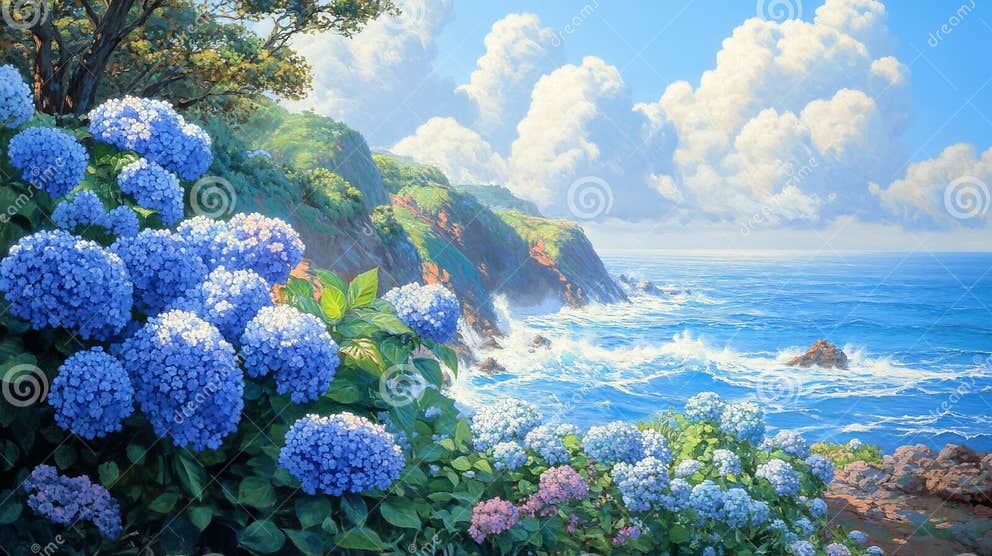 Coastal Landscape with Blue Hydrangeas and a Rolling Sea Stock ...