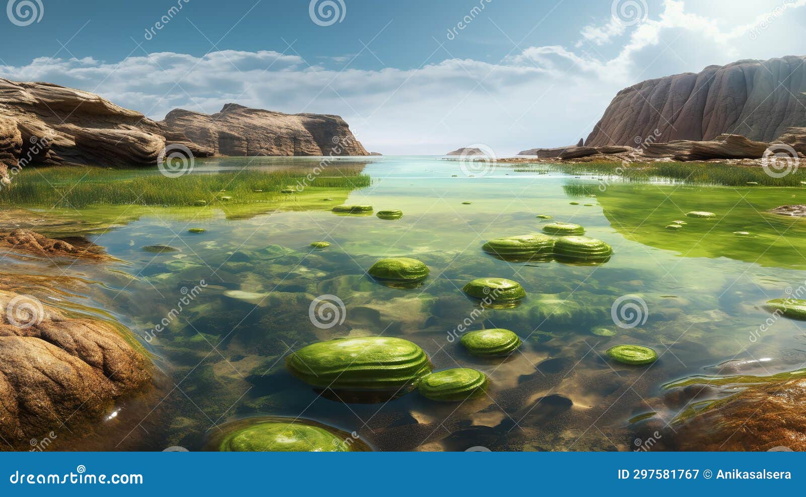 Coastal Landscape with Primitive Ancient Lifeforms and Green Algae ...