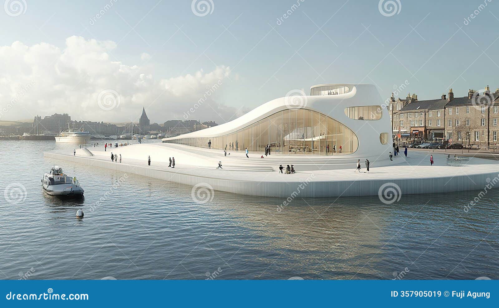 Coastal Modern Building People Strolling Harbor View Architectural ...