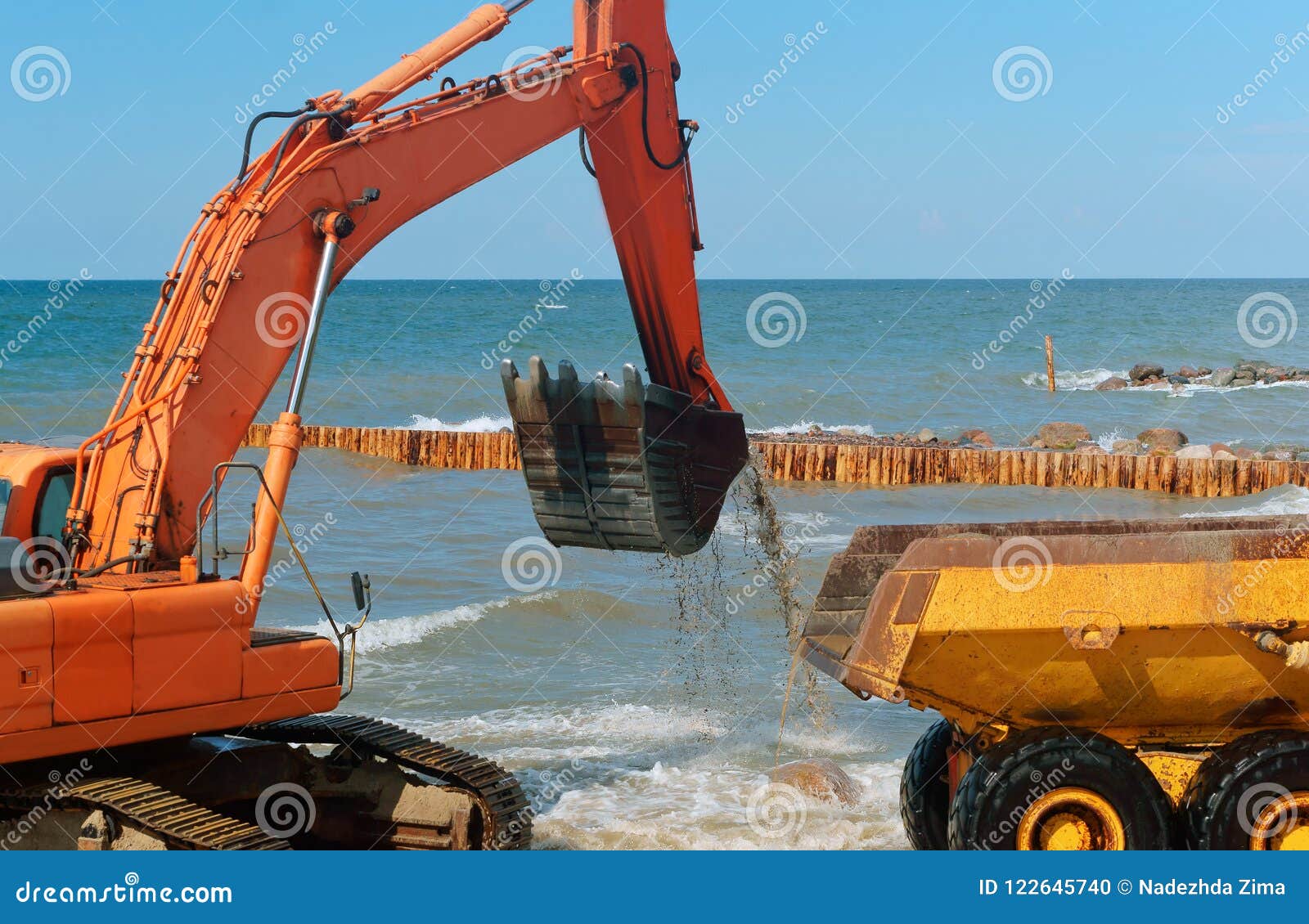 Coastal Protection Measures, Construction Equipment on the Shore Stock ...