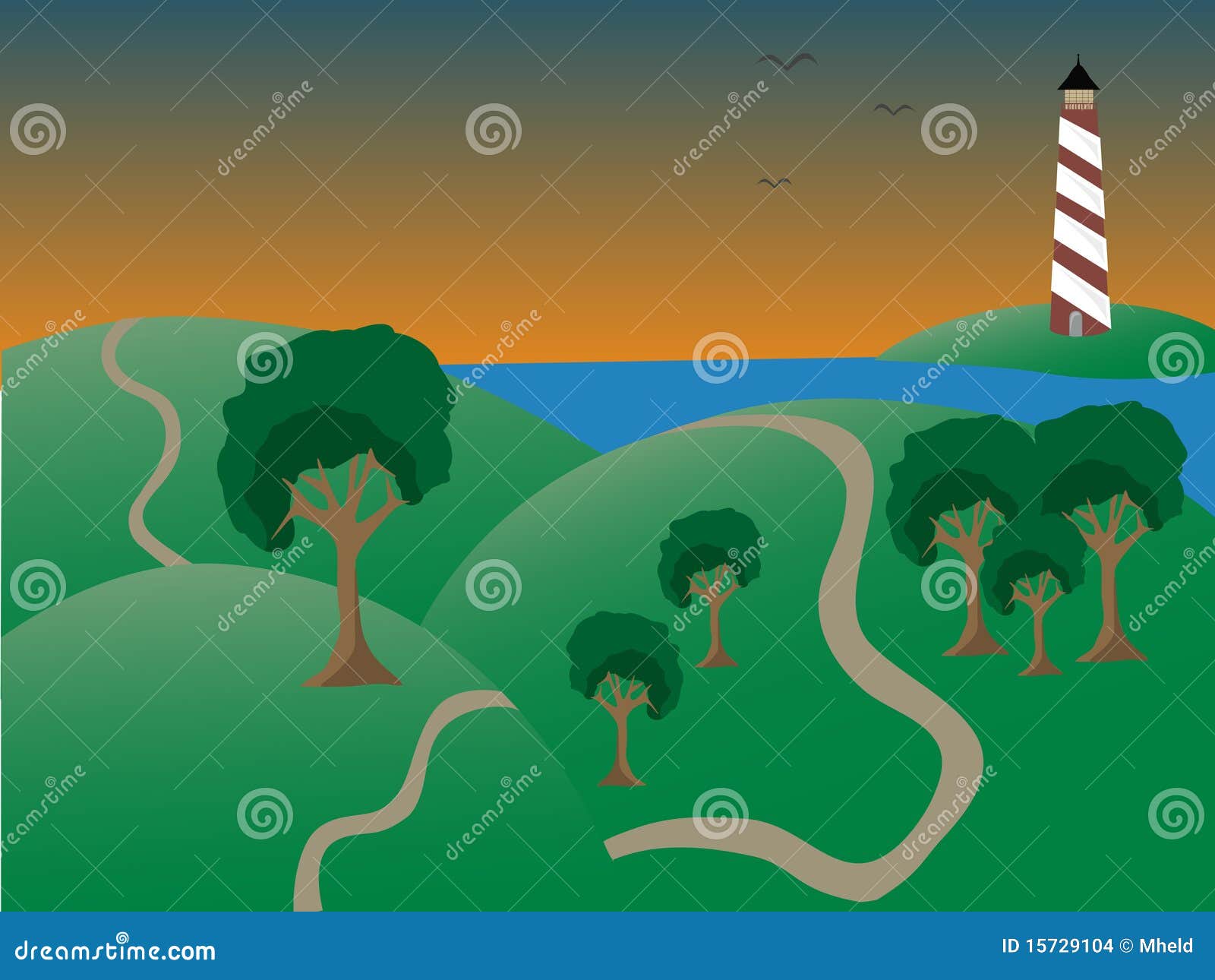 Coastal Scene Dusk Lighthouse, Hills, Tree Paths Stock Vector ...