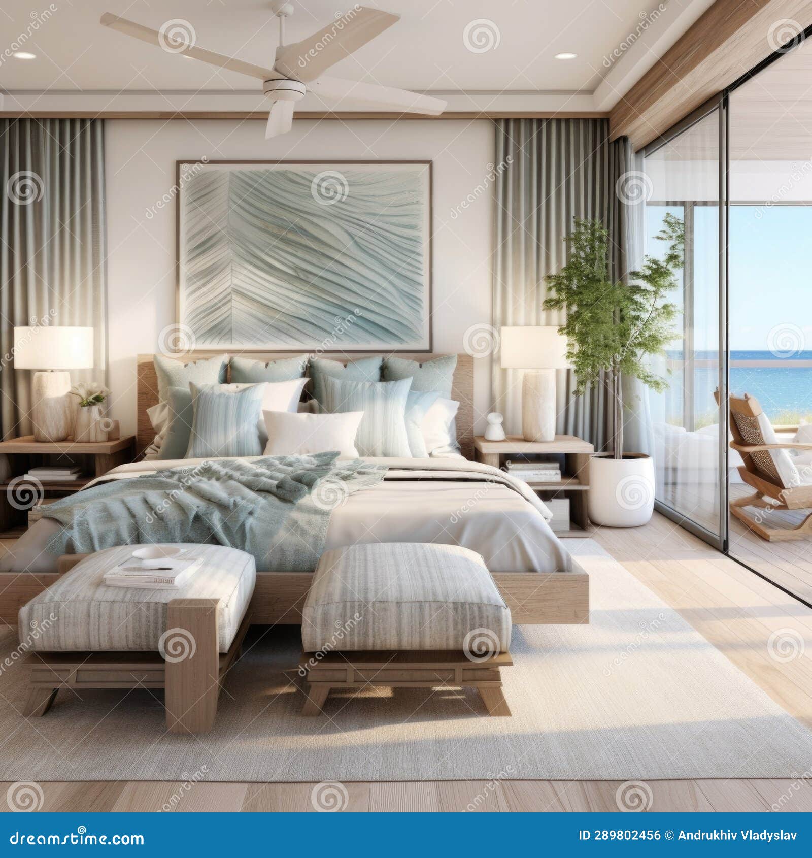 Coastal Style Interior Design of Modern Bedroom Stock Illustration ...