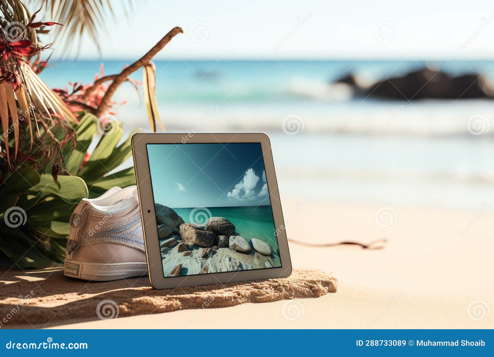 Coastal Tech Close Up on Digital Tablet with a Captivating Beach ...