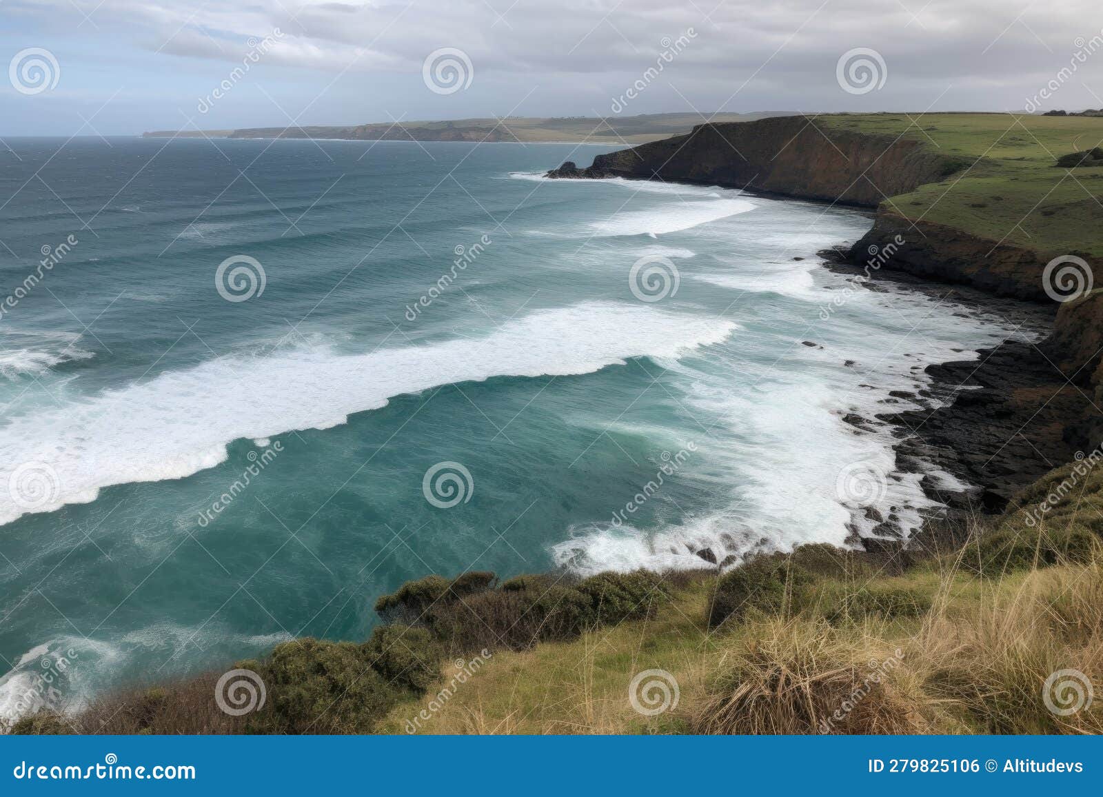Coastal View from the Top of a Cliff, with Waves Rolling into Shore ...