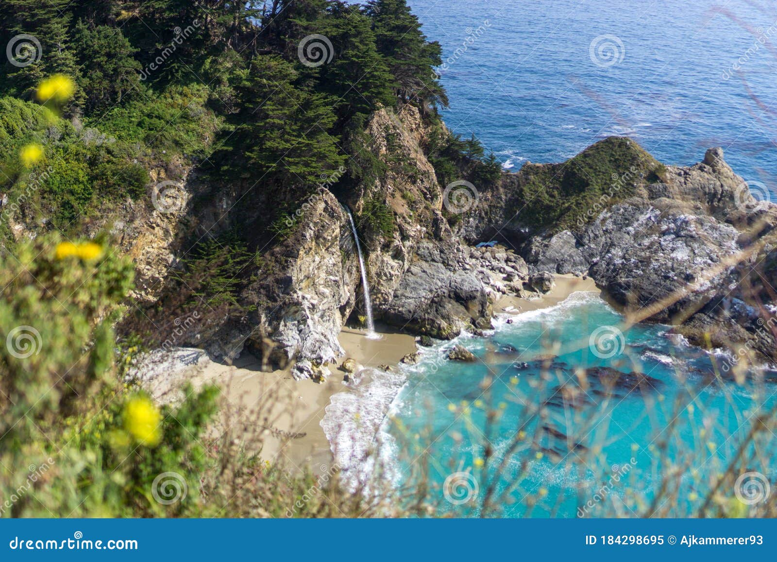 Coastal Waterfall Cascading Onto Pacific White Sand Beach Surrounded by ...