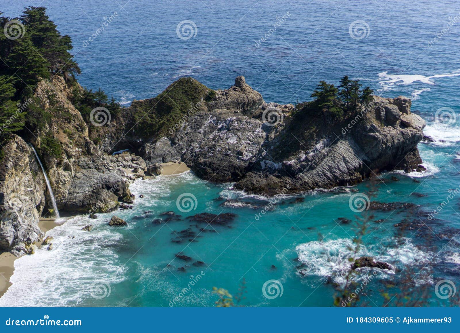 Coastal Waterfall Cascading Onto Pacific White Sand Beach Surrounded by ...