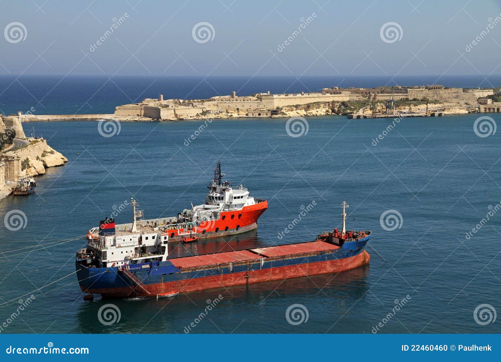 Coaster and Tugboat in Valletta Stock Photo - Image of port, freighter ...