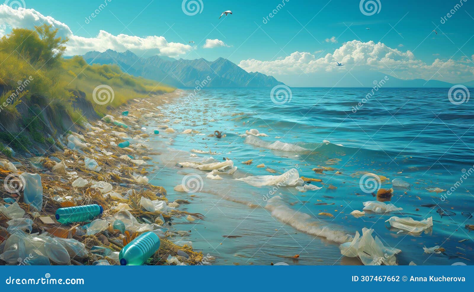 Coastline Littered with Plastic Pollution Stock Illustration ...