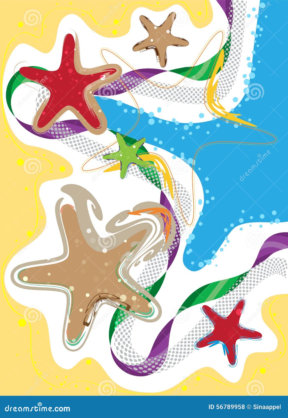 Coastline, Seaside and Starfish, Colored Stylized Composition Stock ...