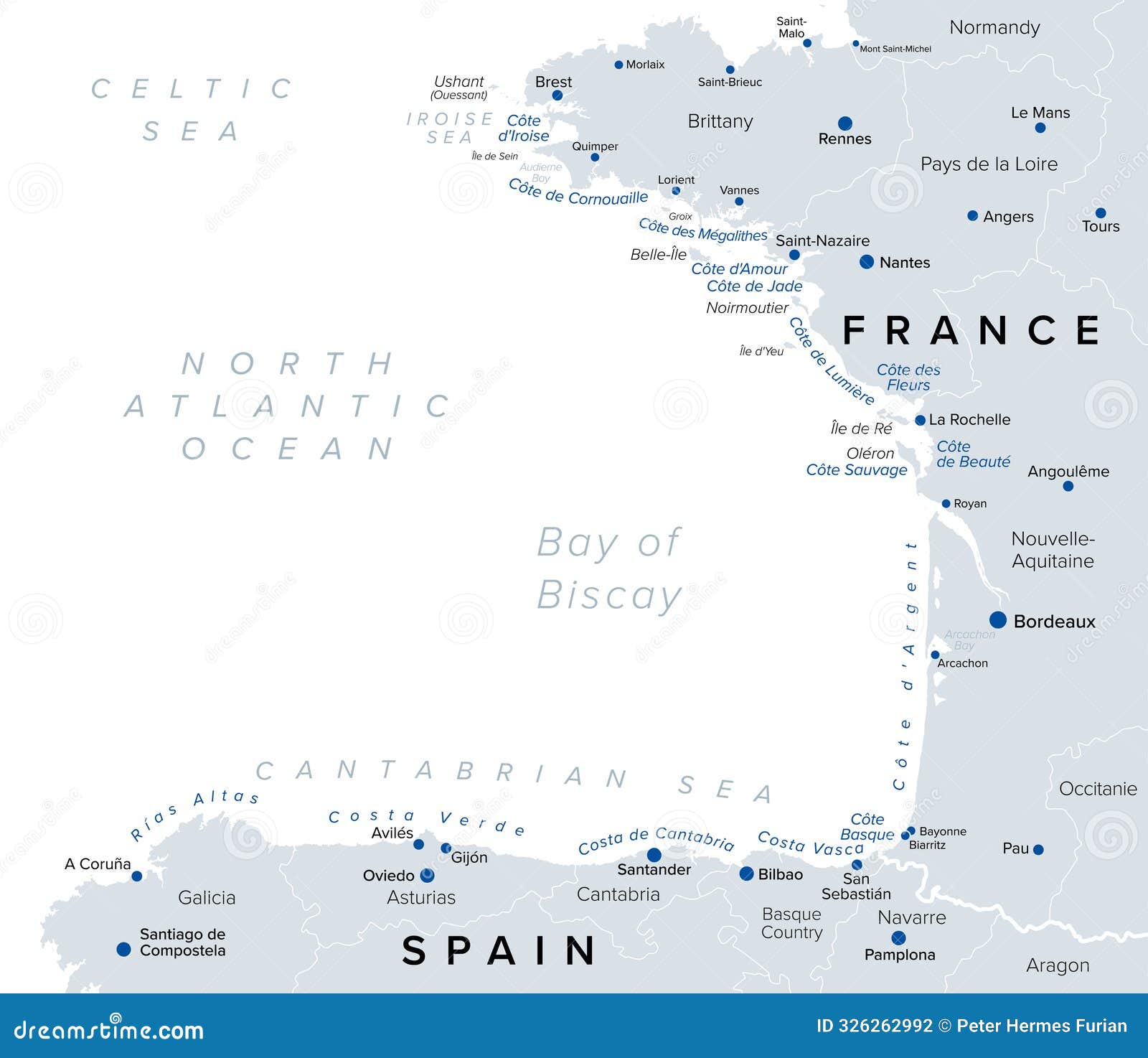 Bay of Biscay, Touristic Names of Beaches and Coastlines, Political Map ...
