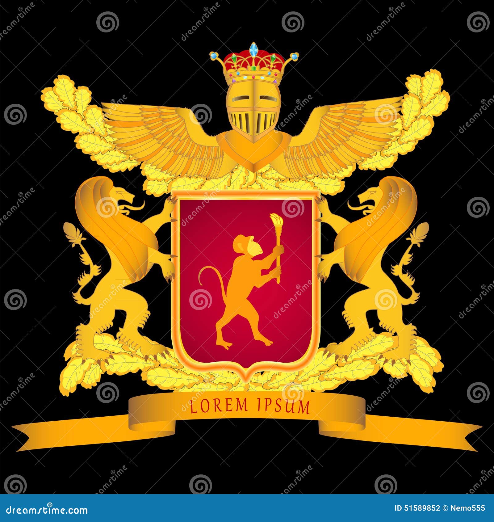 Coat of Arms with Shield, Lions and Crown Stock Vector - Illustration ...