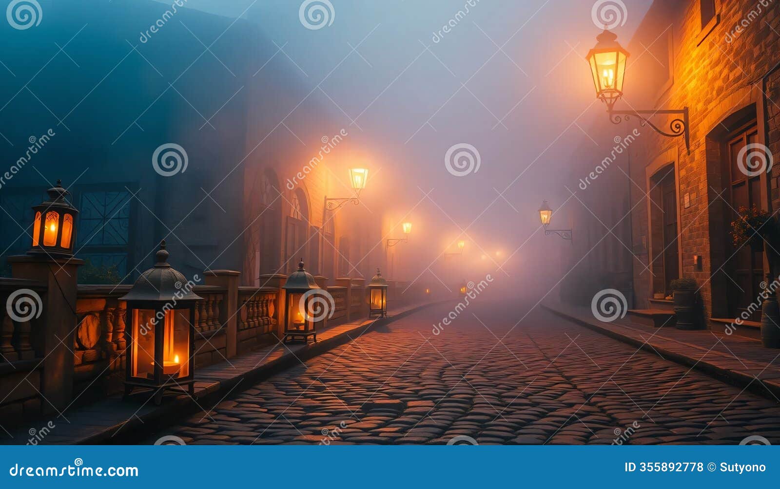 Cobbled Streets With Old Lanterns Illuminating The Thin Mist Stock ...