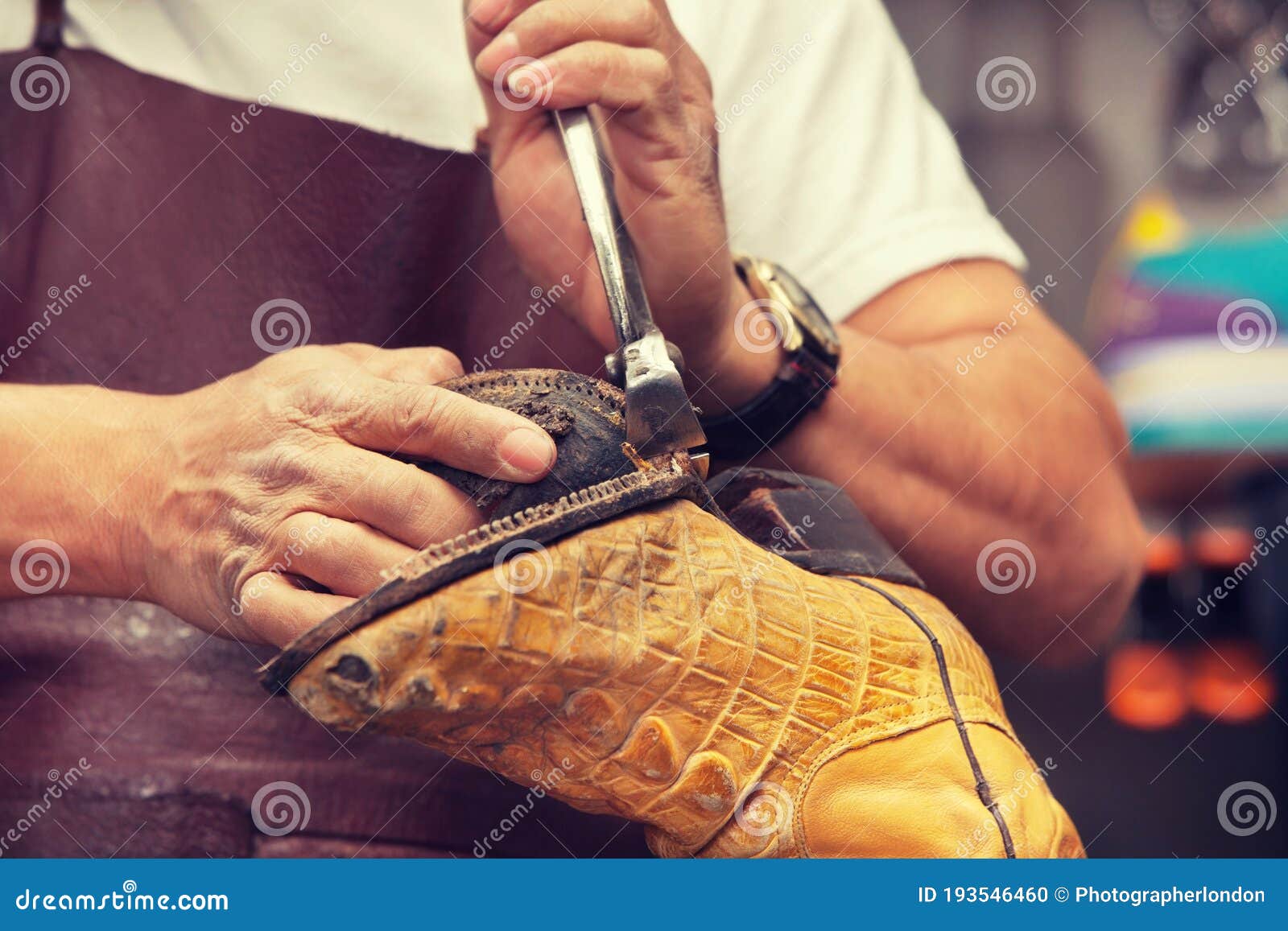 Cobbler Craftsman Fixing Leather Boot Using Tools Stock Photo - Image ...