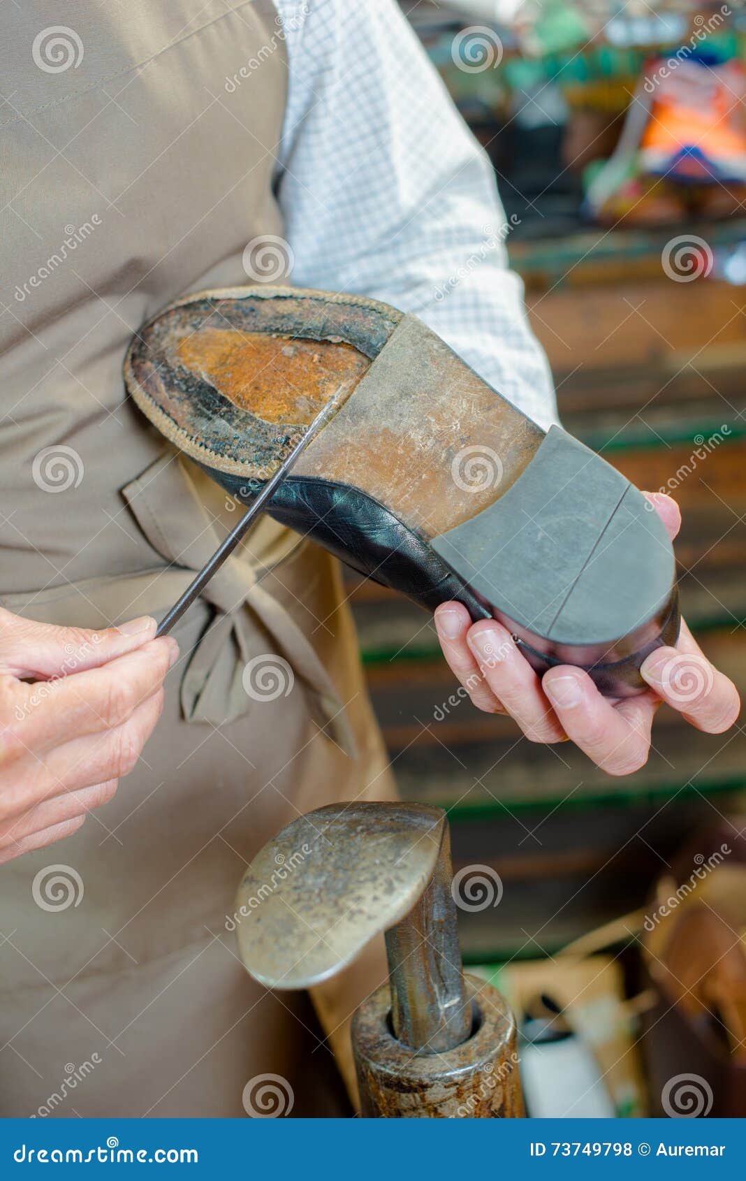 Cobbler Scraping Sole Shoe with Knife Stock Photo - Image of support ...