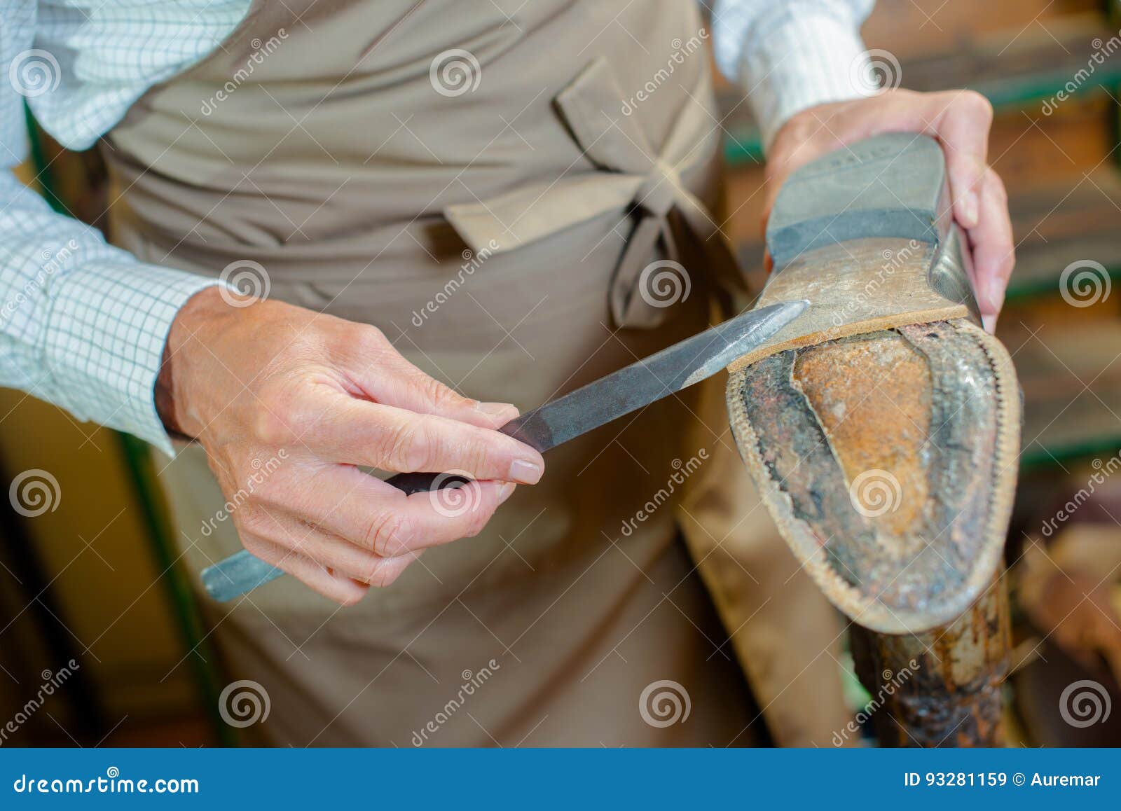 Cobbler Scraping Sole Shoe with Sharp Blade Stock Image - Image of ...