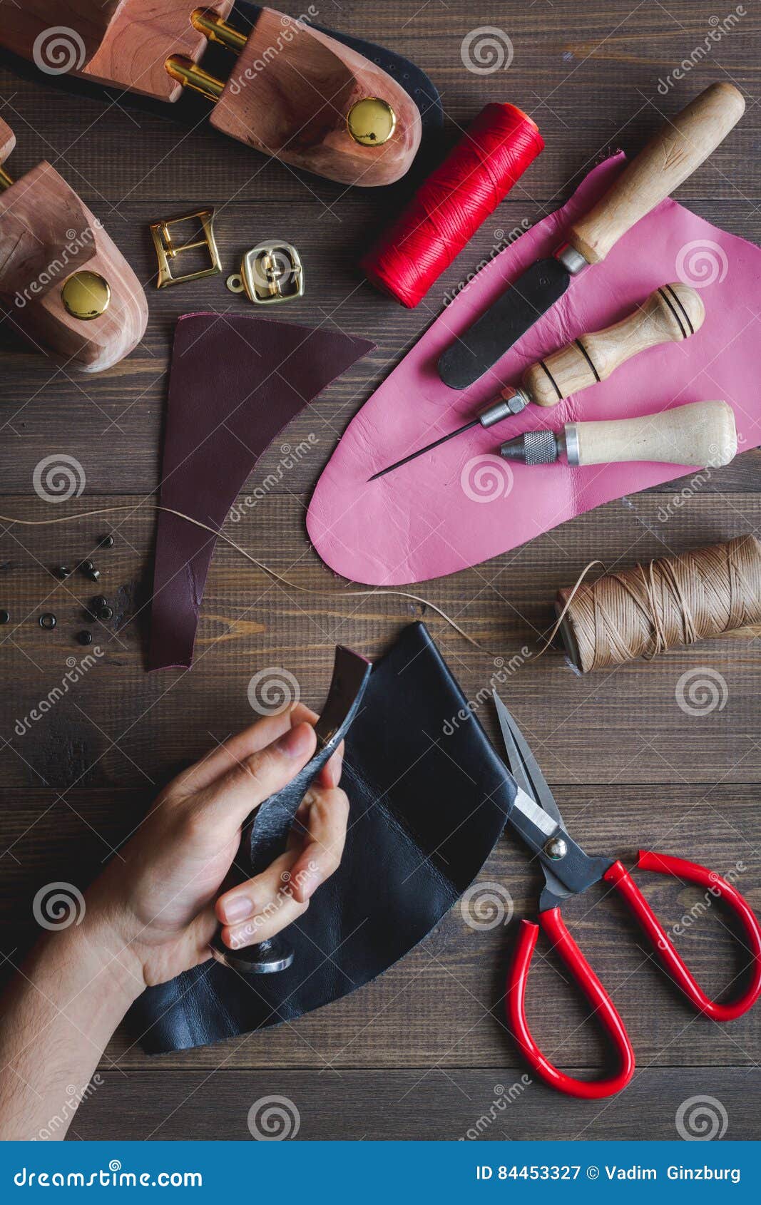 Cobbler with Tools Work Process Dark Background Top View Stock Image ...