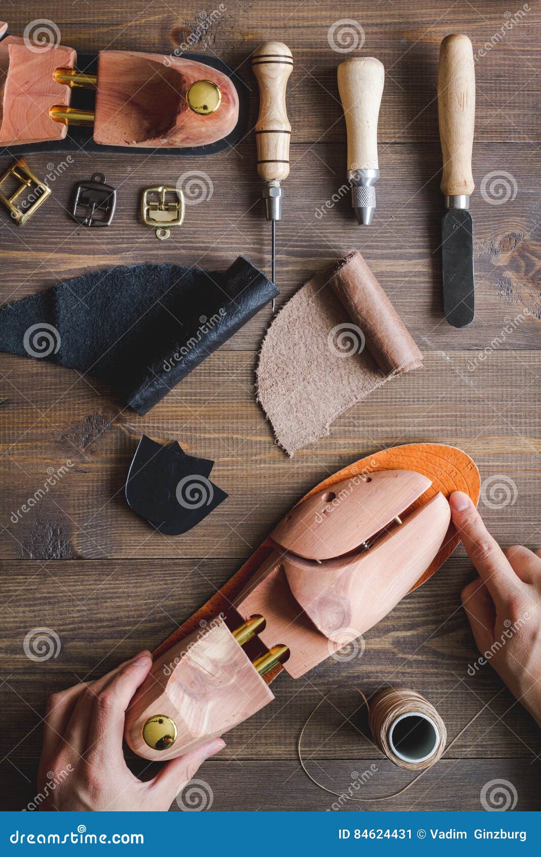 Cobbler with Tools Work Process Dark Background Top View Stock Image ...