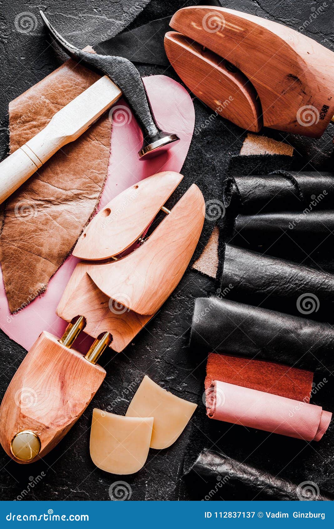 Cobbler Tools in Workshop Dark Background Top View Close Up Stock Image ...