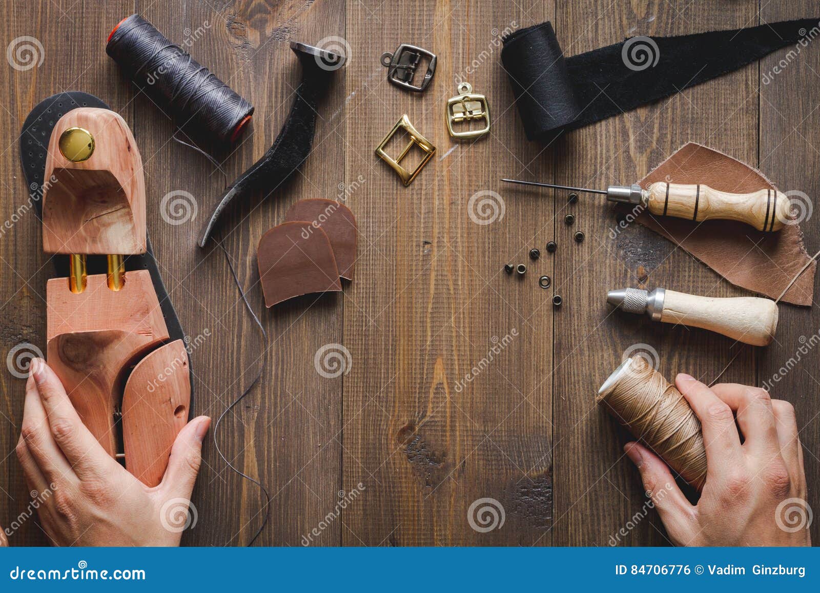 Cobbler Tools in Workshop Dark Background Top View Stock Photo - Image ...