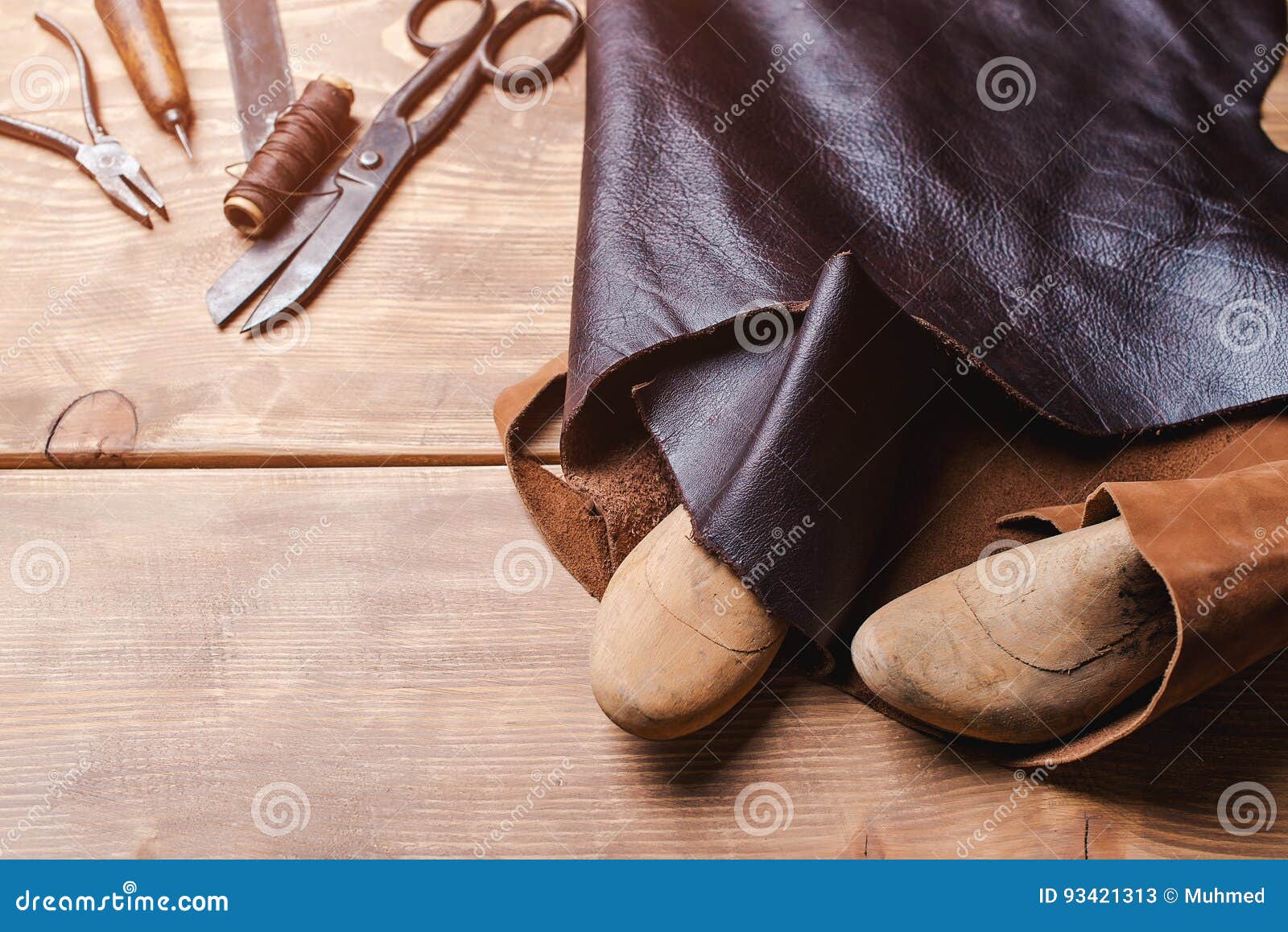 Cobbler Tools in Workshop on the Wooden Table . Space for Text. Stock ...